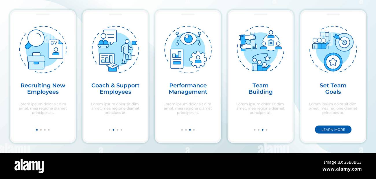Line manager responsibilities blue onboarding mobile app screen Stock ...