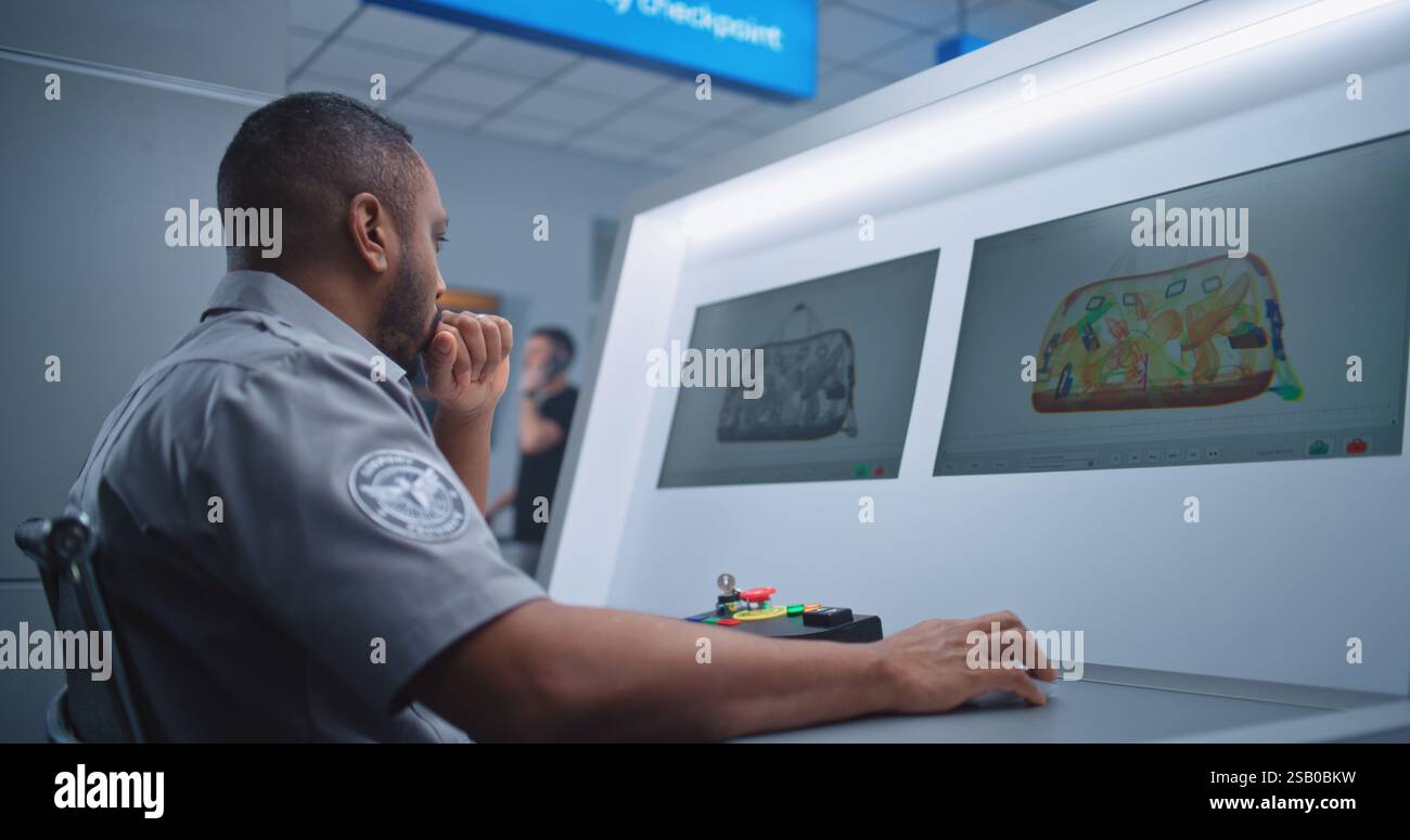 Airport Terminal: African American Security Officer Monitors Baggage ...