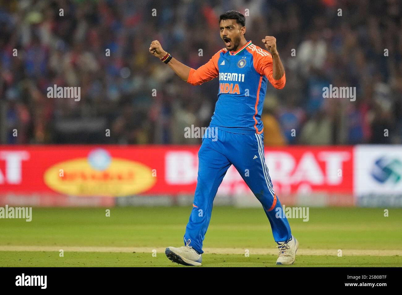 India's Axar Patel celebrates the wicket of England's Phil Salt during ...