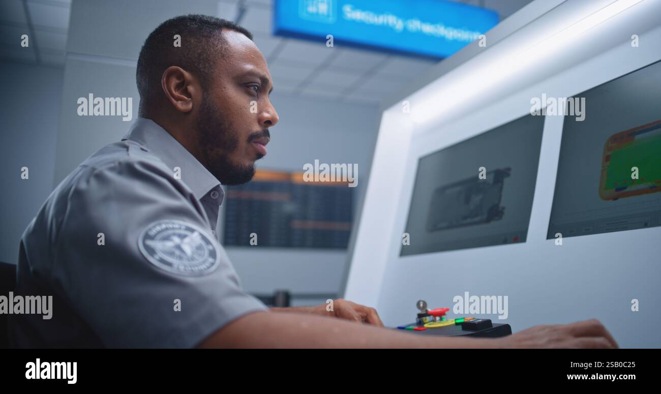 Airport Terminal: African American Security Officer Monitors Baggage ...