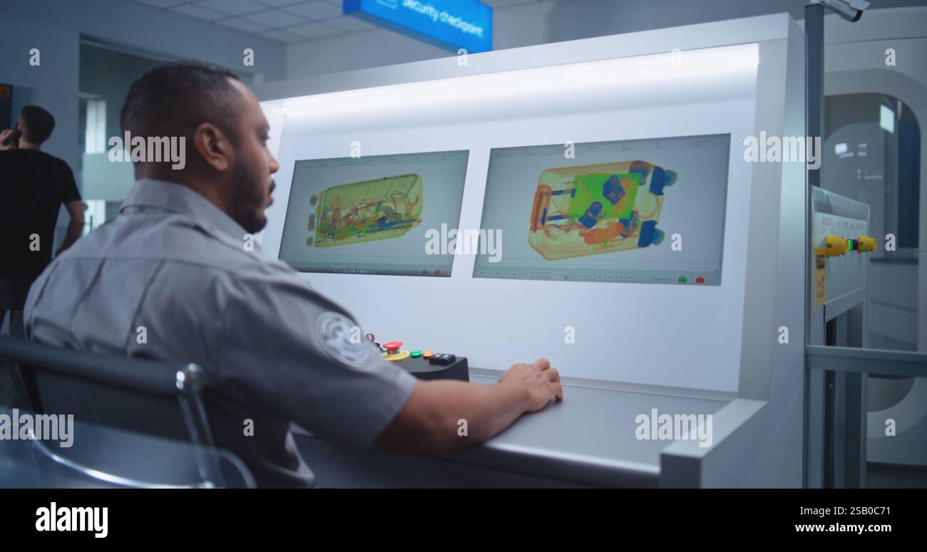 Airport Security Checkpoint: African American Security Officer Monitors ...