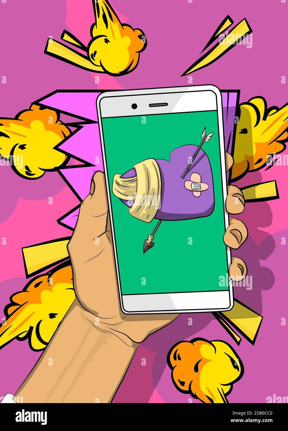 Cartoon Smartphone, comic book Telephone with Broken Heart. Retro ...
