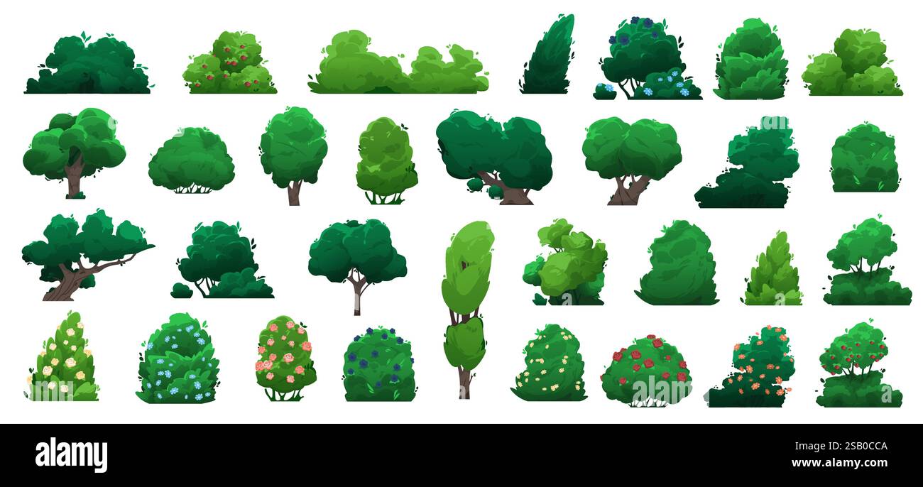 Different types of green trees and bushes forming a cartoon landscape ...