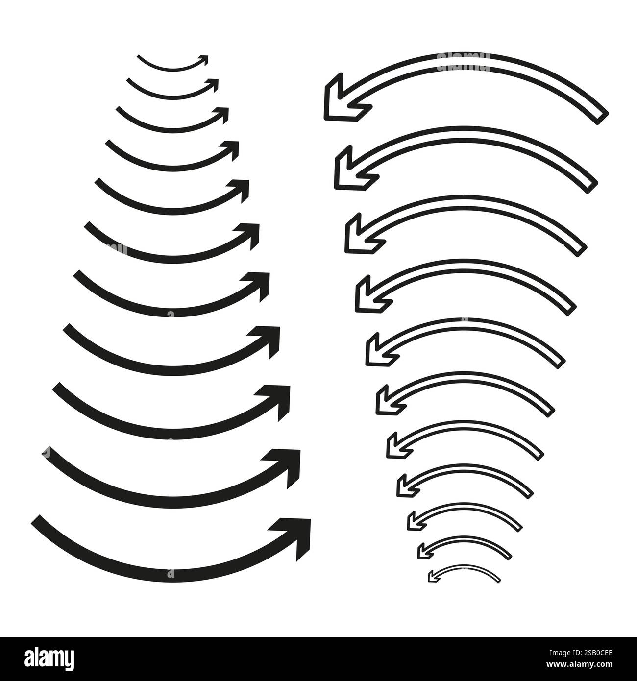 Curved arrow set. Vector direction shape. Simple black outline ...