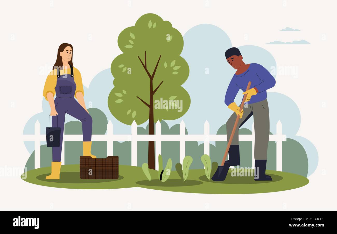 Two gardeners collaborating in a vibrant garden. Planting and nurturing ...