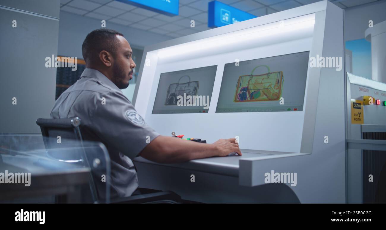 Airport Security Checkpoint: African American Security Officer Monitors ...