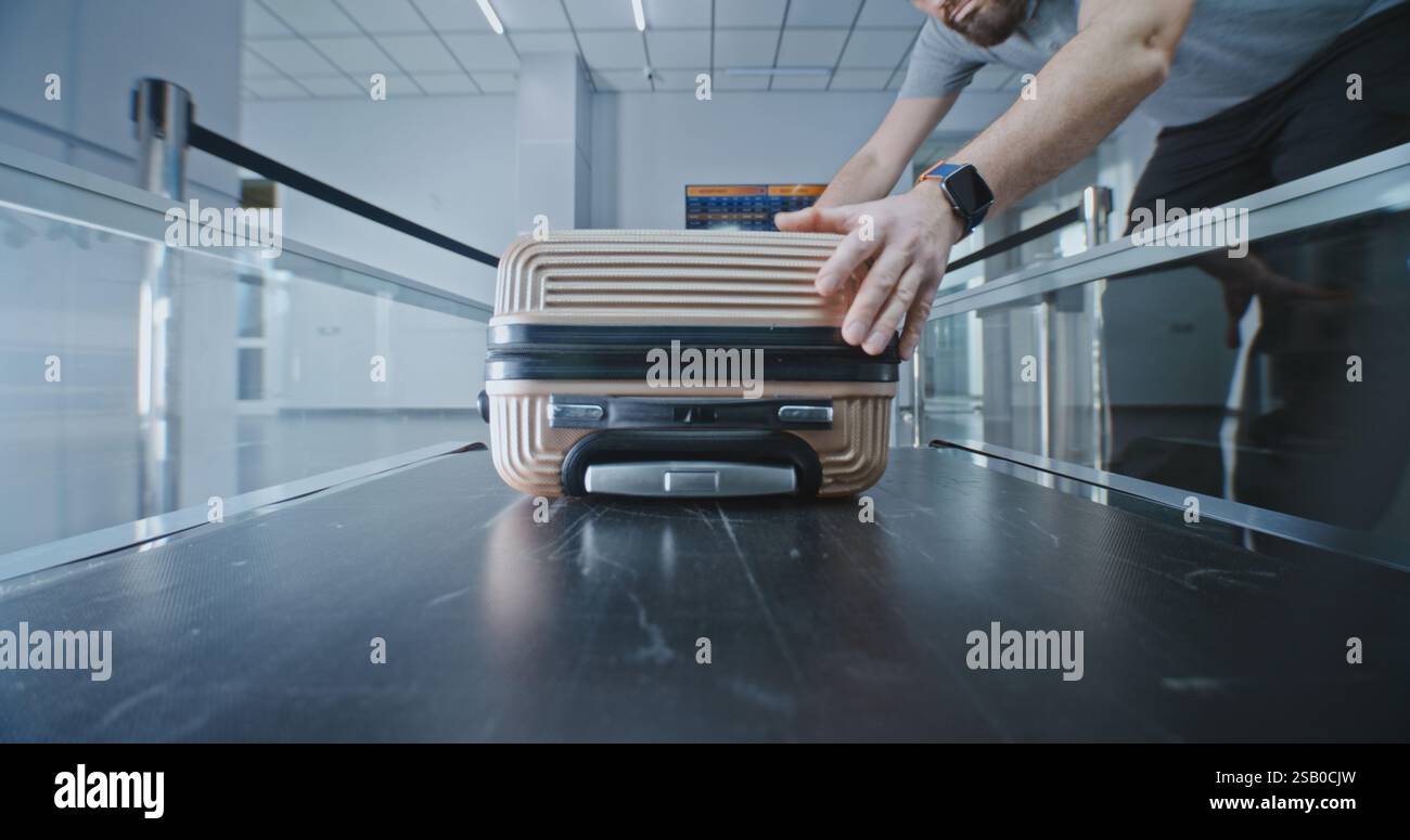 Airport Security Checkpoint: Male Traveler, Passenger Places Baggage on ...