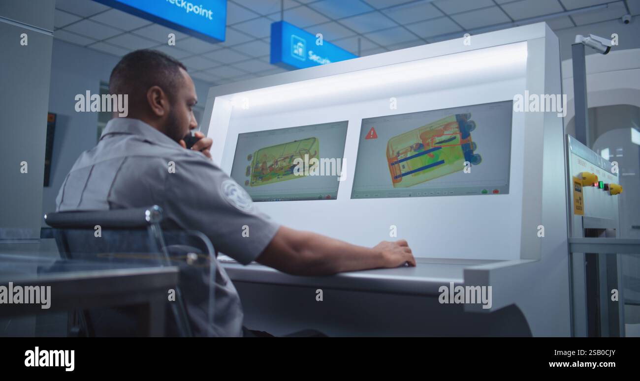 Airport Security Checkpoint: African American Security Officer Controls ...