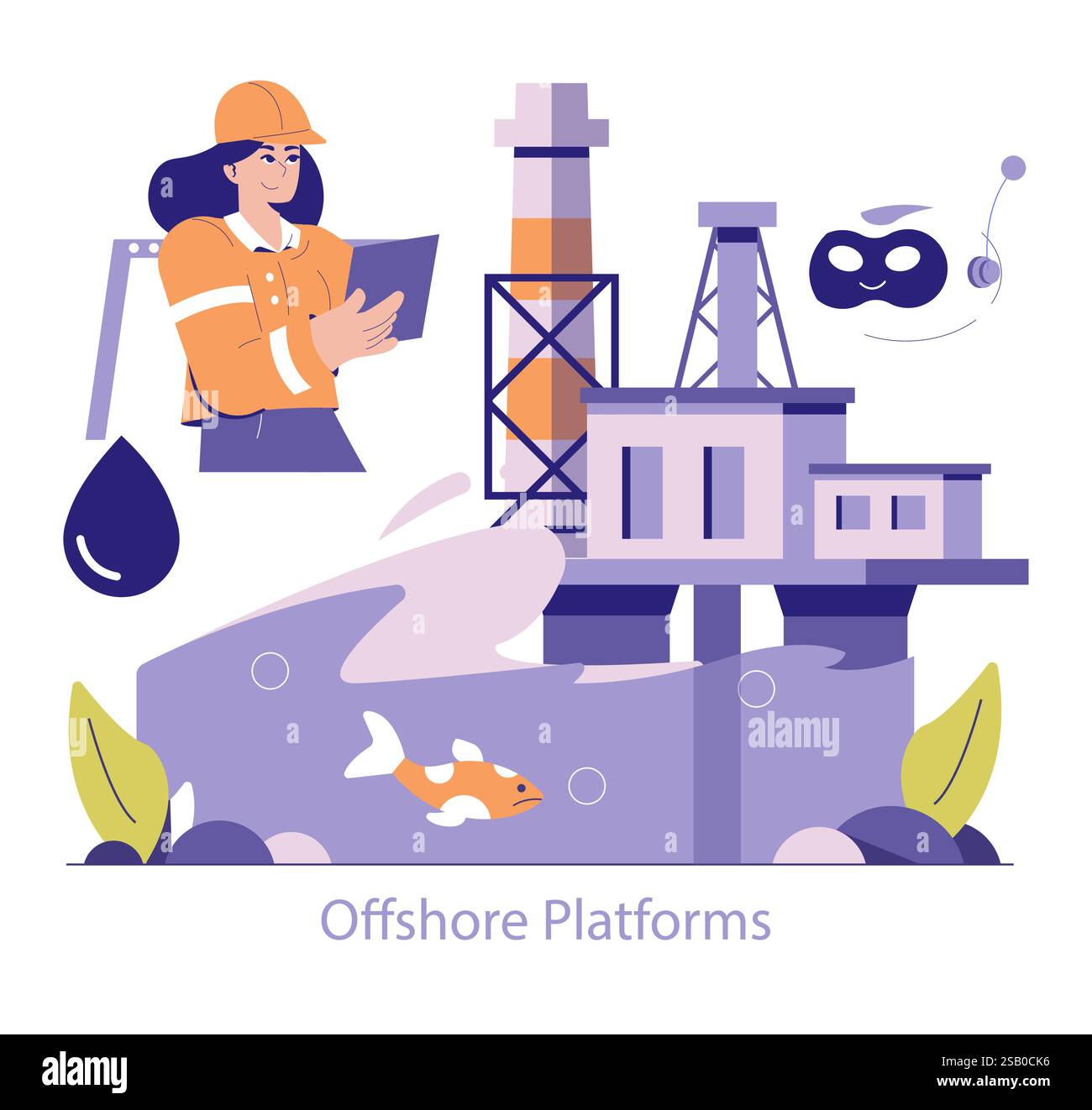 Oil and Gas Energy concept. An engineer monitoring offshore drilling operations. Ocean platform ...