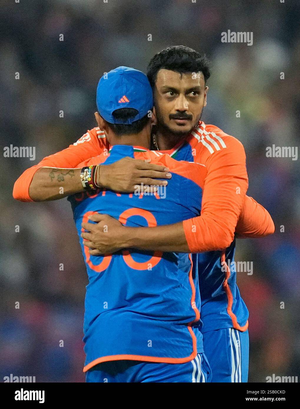 India's Axar Patel, right, celebrates with captain Suryakumar Yadav the ...