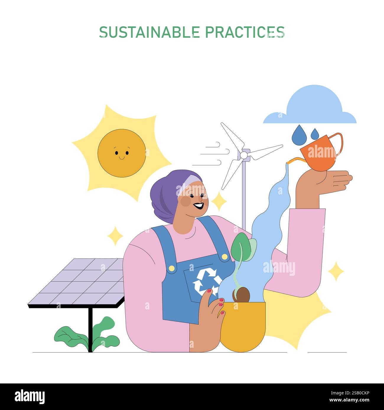 Sustainable Practices concept. An illustration depicting a cheerful ...