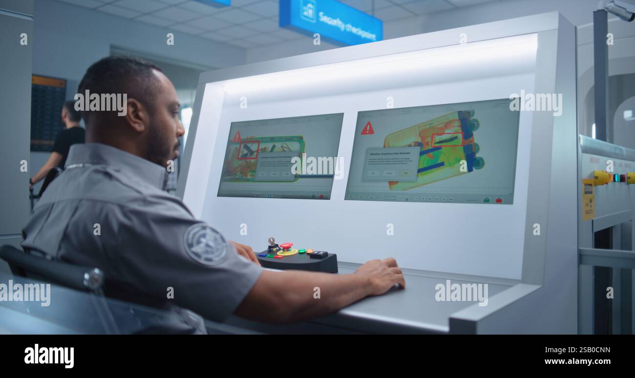 Airport Security Checkpoint: African American Security Officer Monitors ...