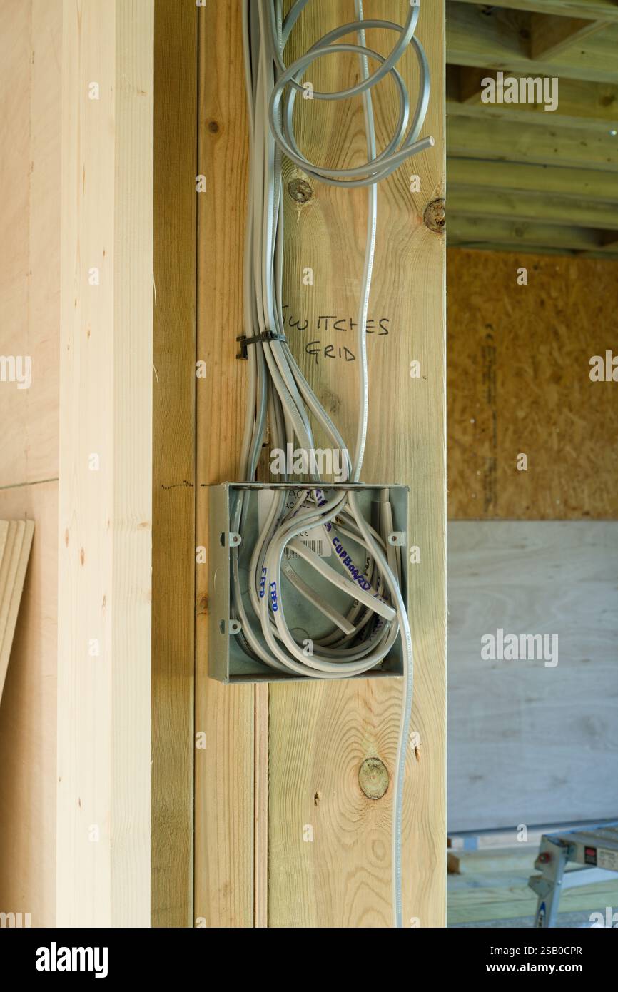 The first fix by electricians in wiring a property. New build wire installation to junction ...