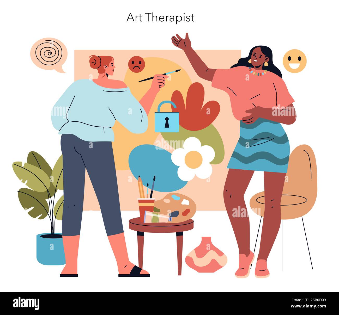 Art therapist illustration. A professional guiding a client in a ...