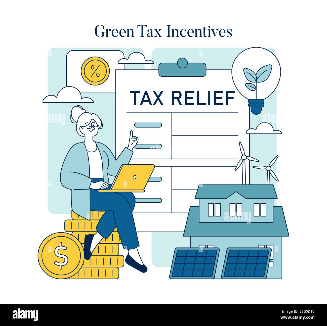 Tax relief concept for eco-friendly initiatives featuring a person with laptop, house with solar ...