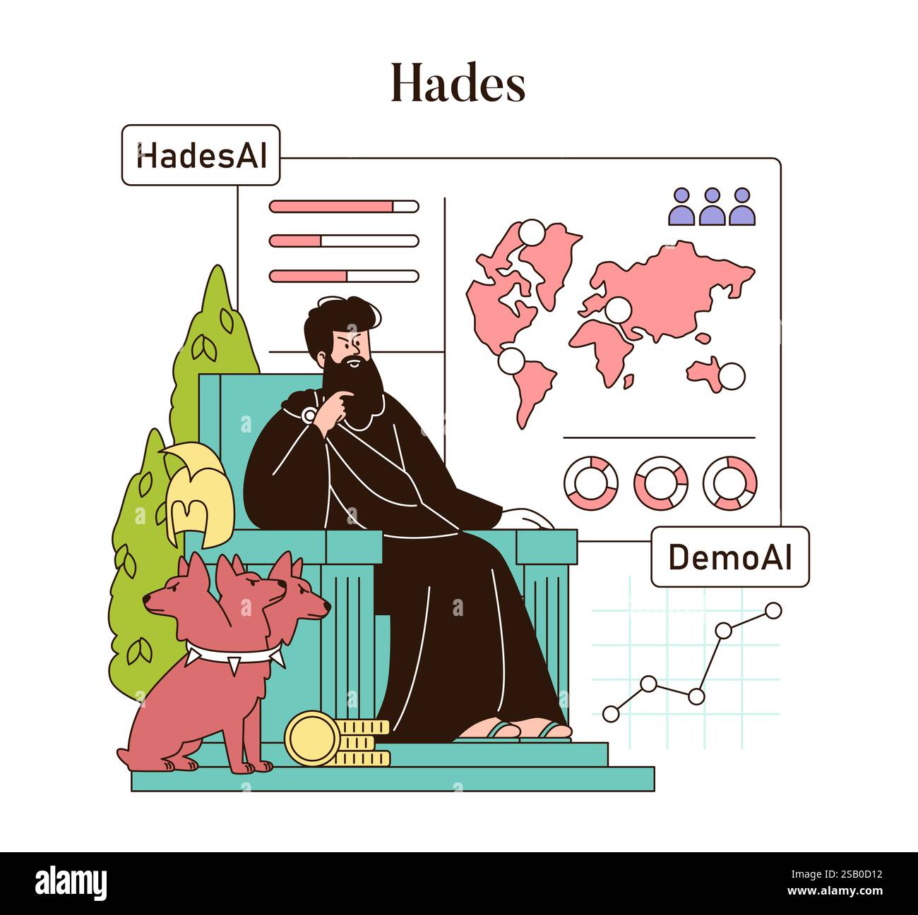 Olympic Gods Synergy AI concept. Hades presides over an infographic ...