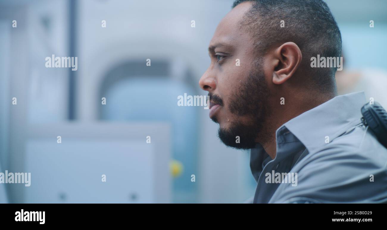 Airport Security Checkpoint: Close Up African American Security Officer ...