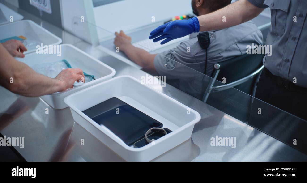 Airport Security Checkpoint during Boarding Flight. Diverse Passengers ...