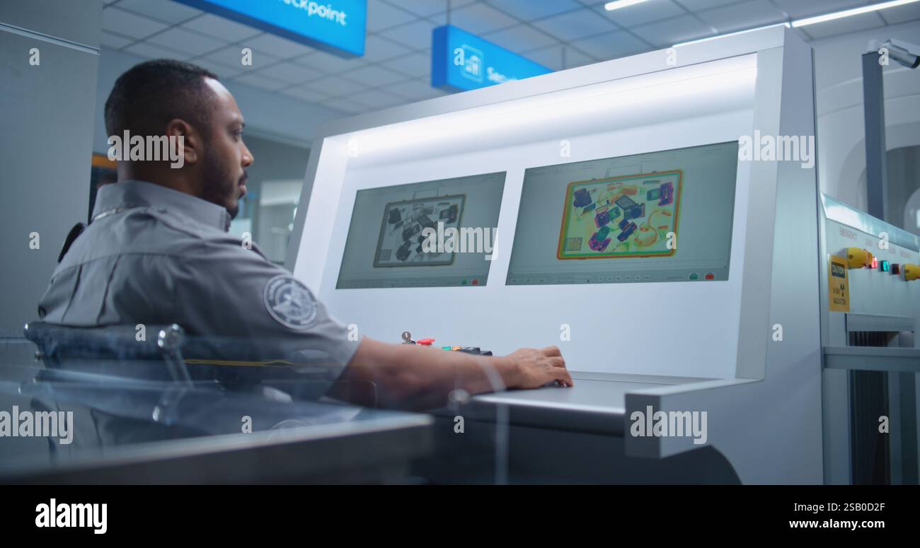 Airport Security Checkpoint: African American Security Officer Monitors ...