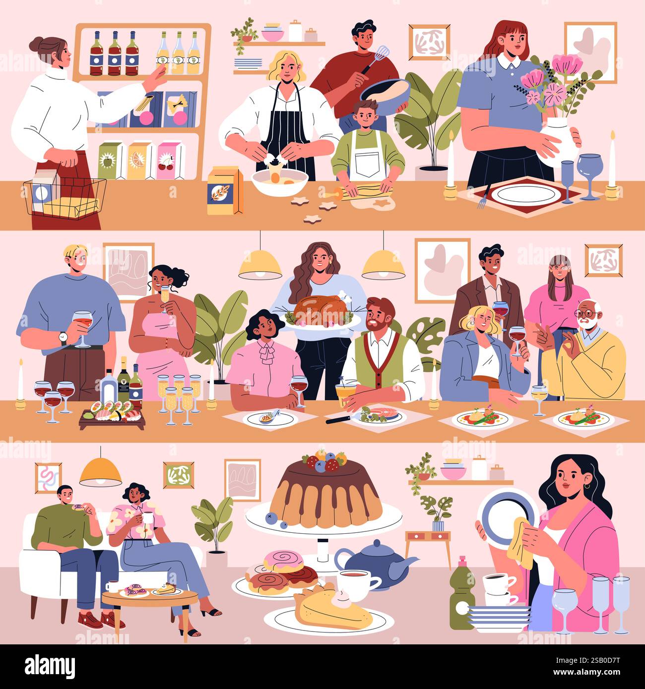 Dinner party scene featuring diverse guests enjoying meal preparations ...