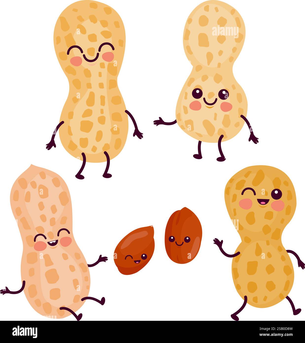 Cute peanut characters. Fresh organic cartoon peanuts snack. Vector ...