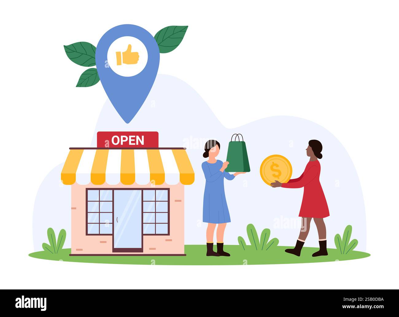 Tiny people conducting a retail transaction at an open store with a ...