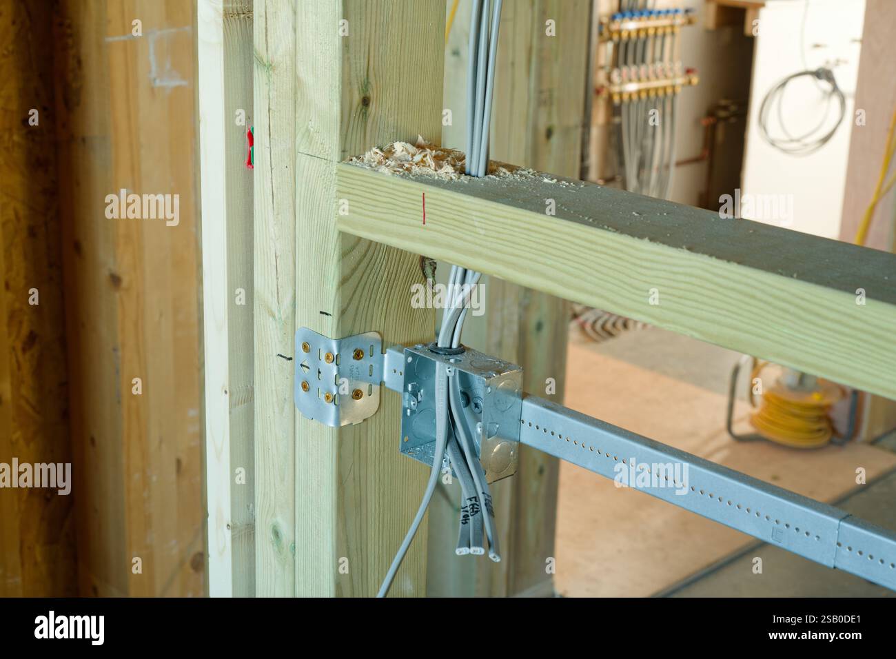 The first fix by electricians in wiring a property. New build wire installation to junction ...