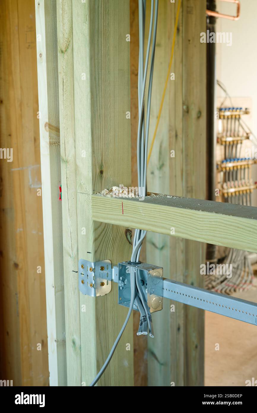 The first fix by electricians in wiring a property. New build wire installation to junction ...