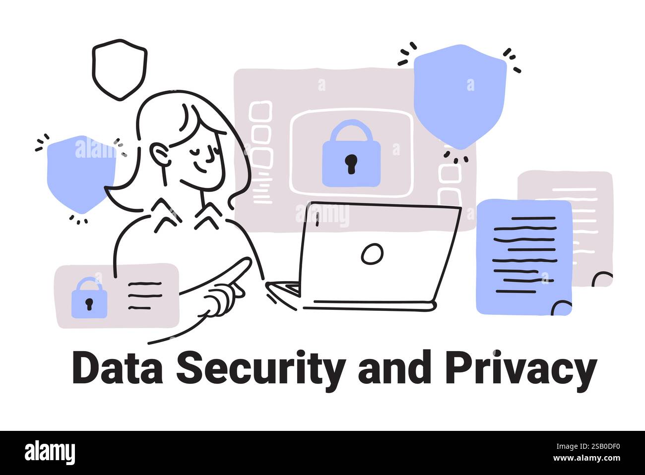 Data security and privacy concept woman using laptop surrounded by ...