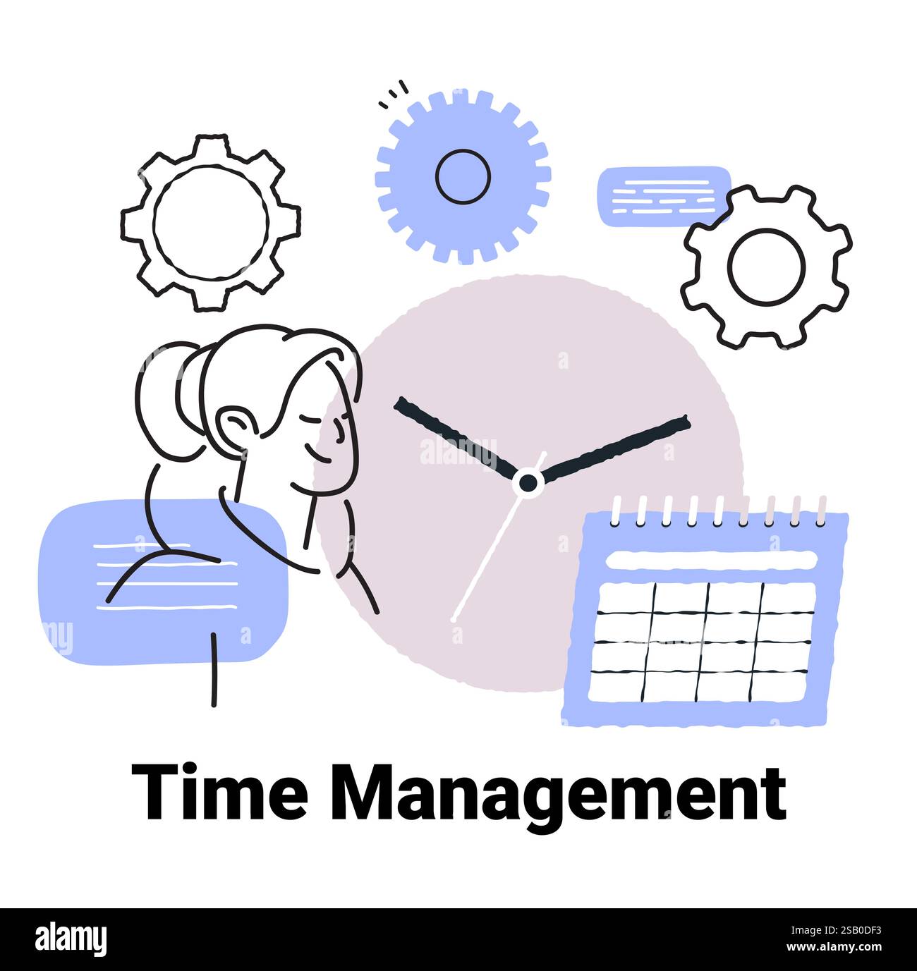 Time management concept with clock gears calendar and person in ...