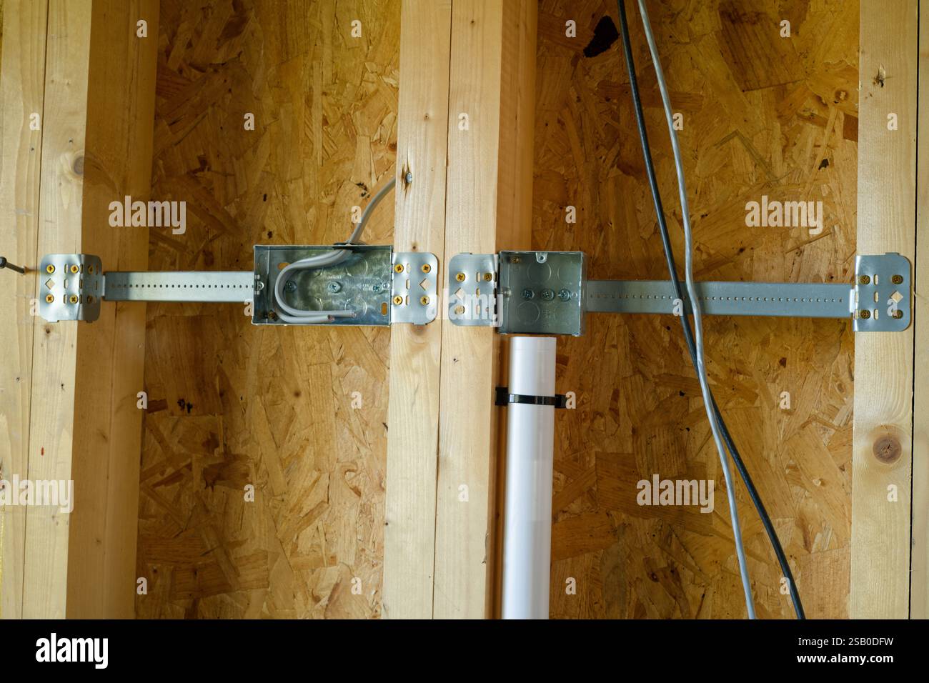 The first fix by electricians in wiring a property. New build wire installation to junction ...