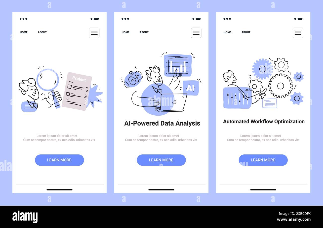 AI-powered data analysis technology concept illustration featuring people analyzing data on ...