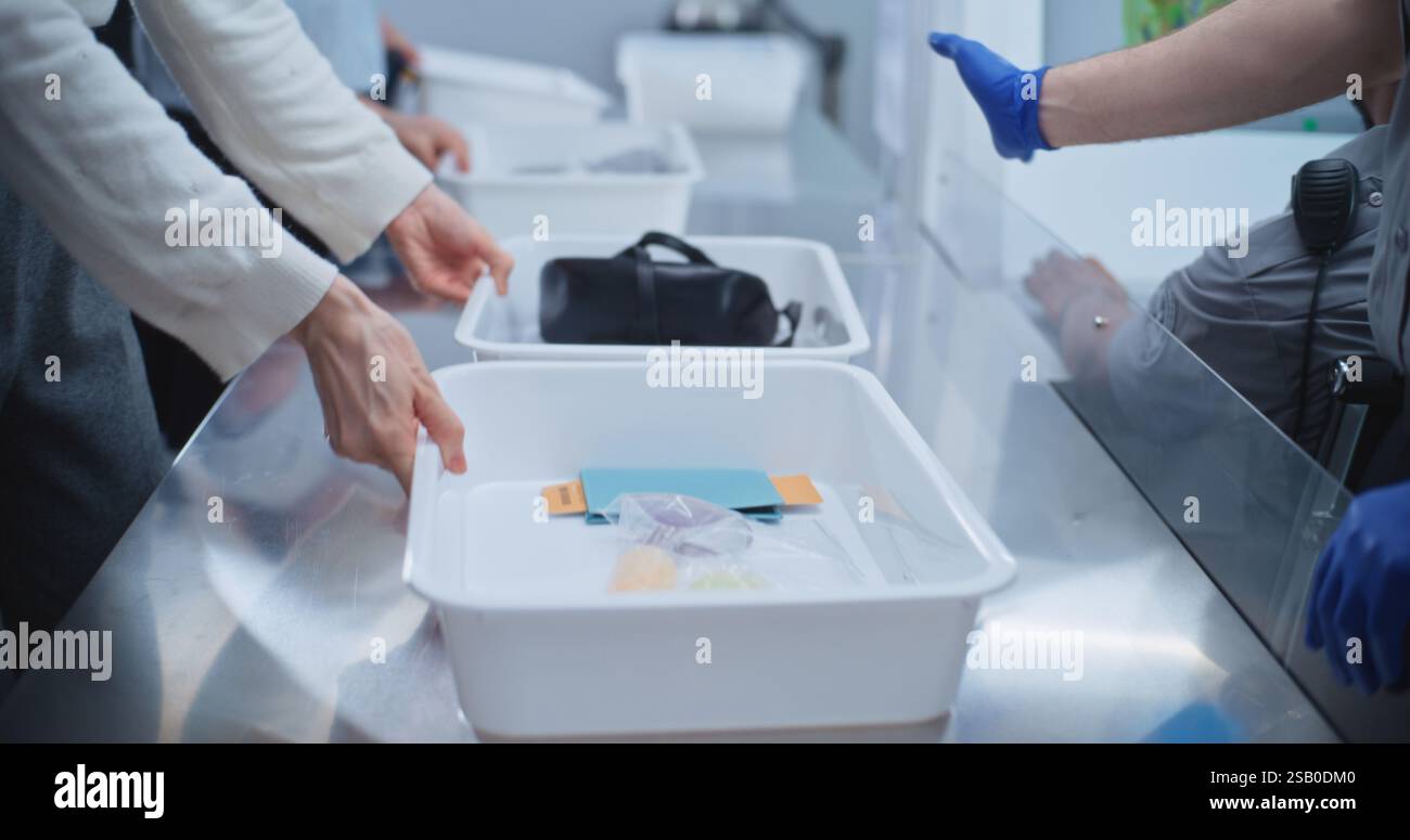 Airport Security Checkpoint during Boarding Flight. Diverse People Put ...