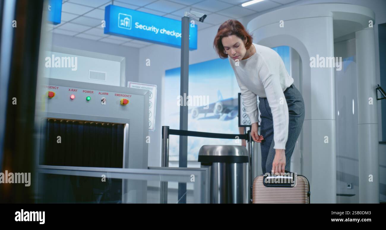 Airport Security Checkpoint: Passenger Places Suitcase on X-ray ...