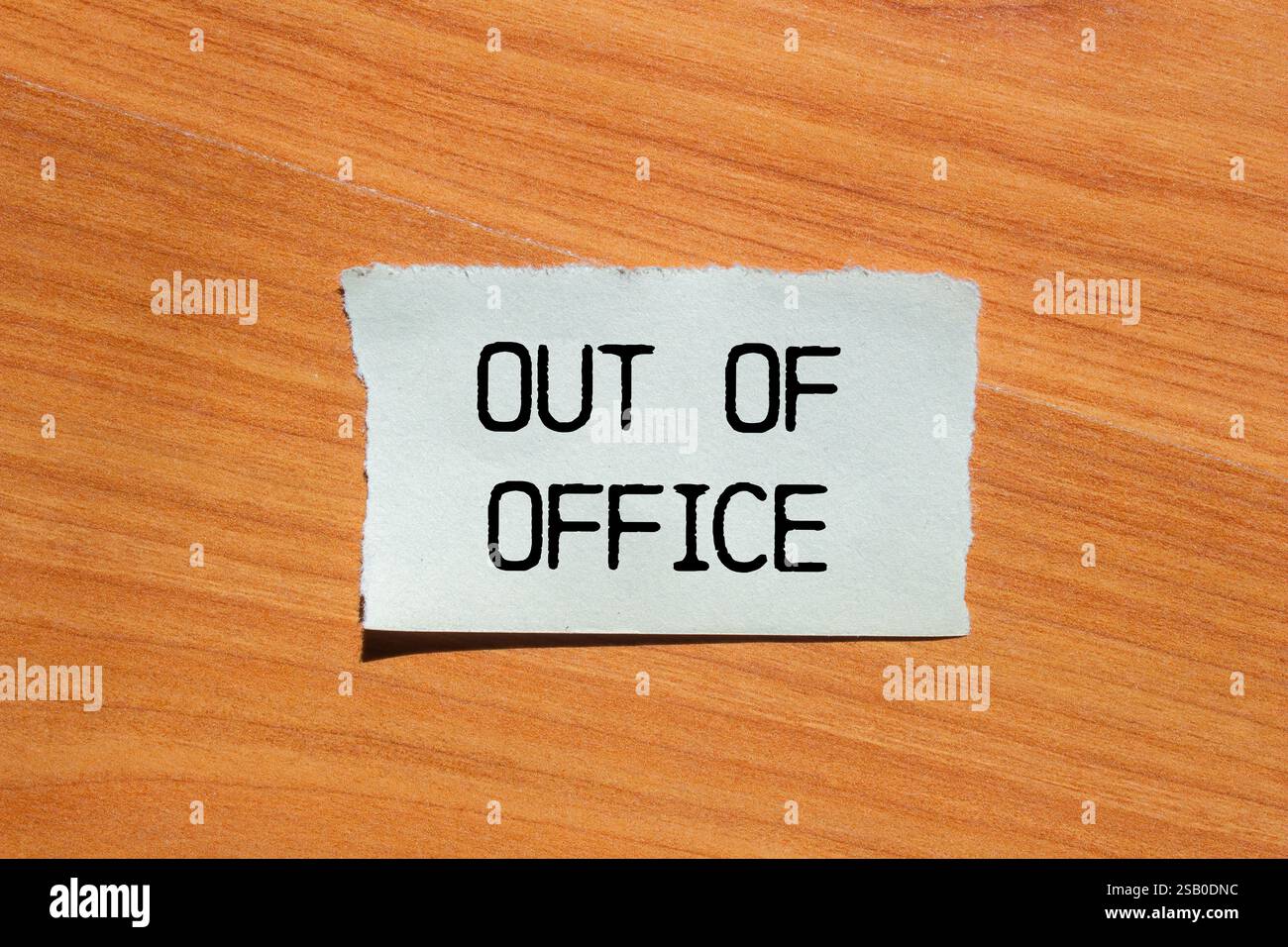 Out of office message written on ripped torn paper piece with wooden ...