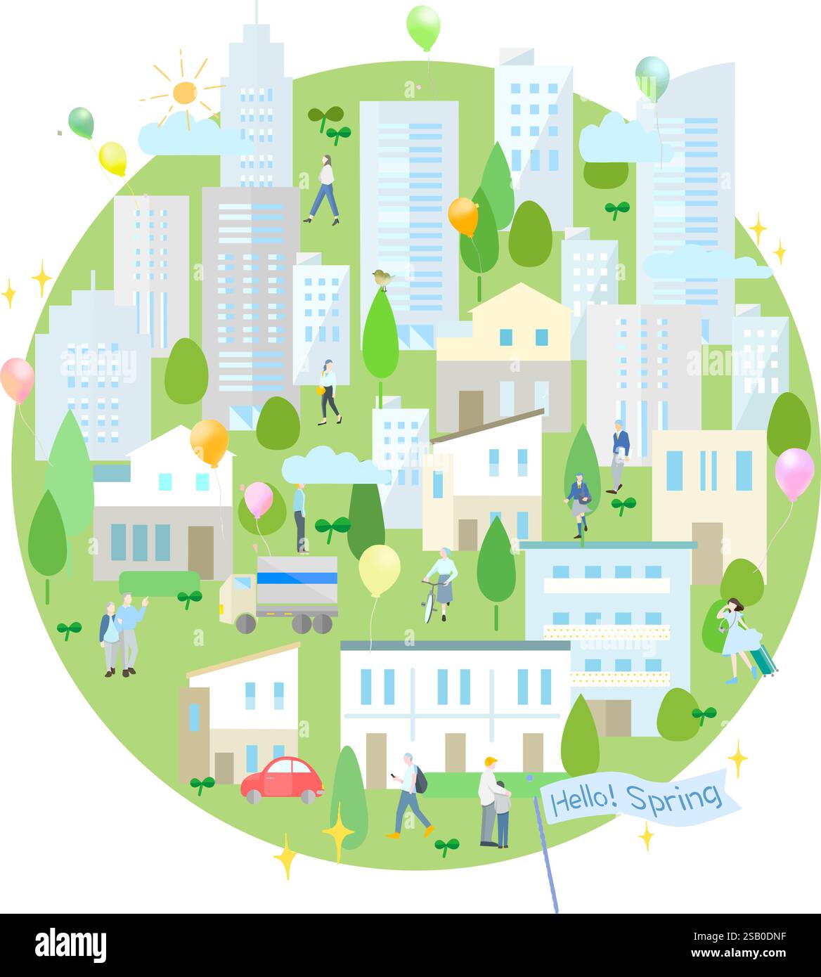 Green and buildings - cityscape and people walking vector illustration ...