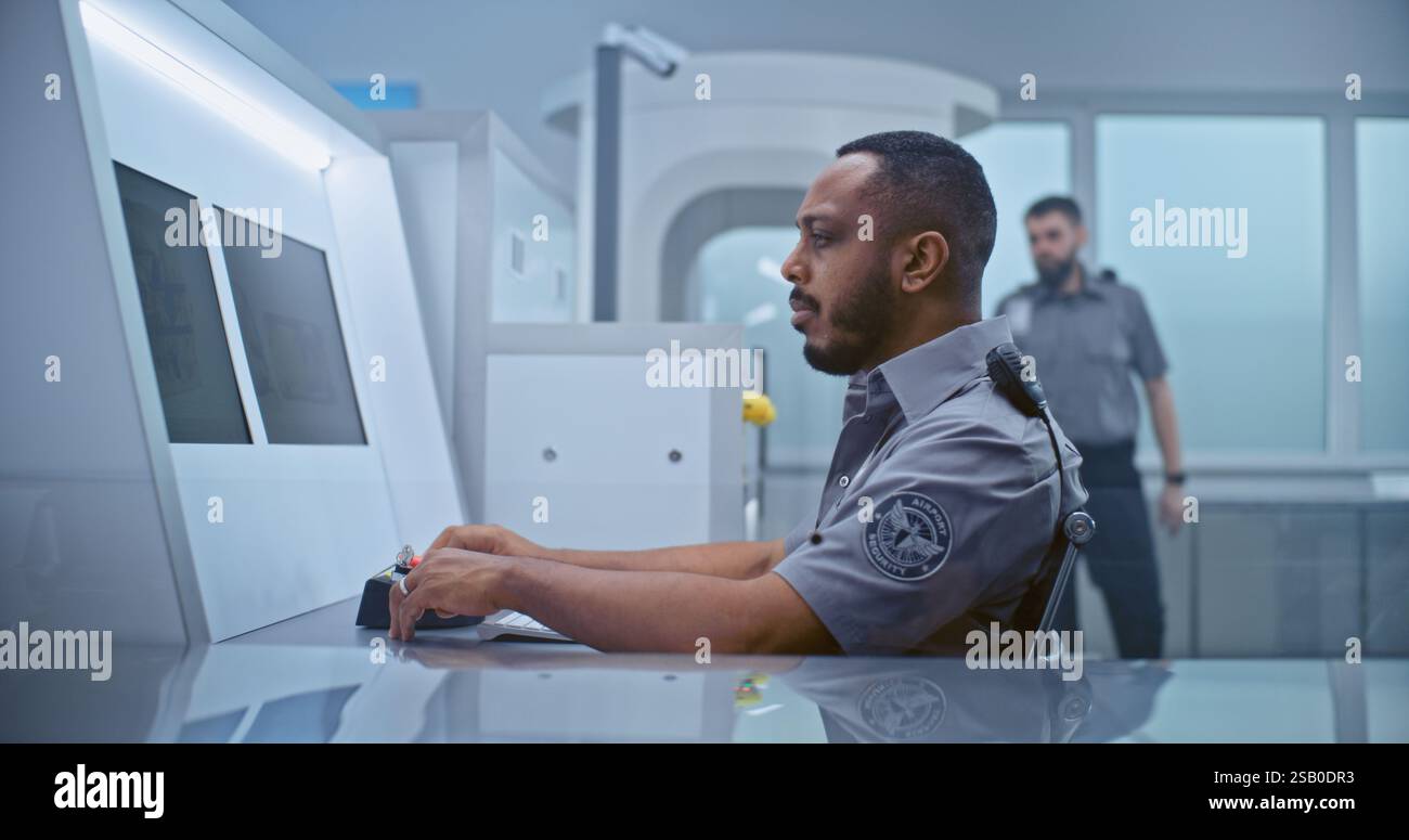 Airport Security Checkpoint: African American Security Officer Monitors ...