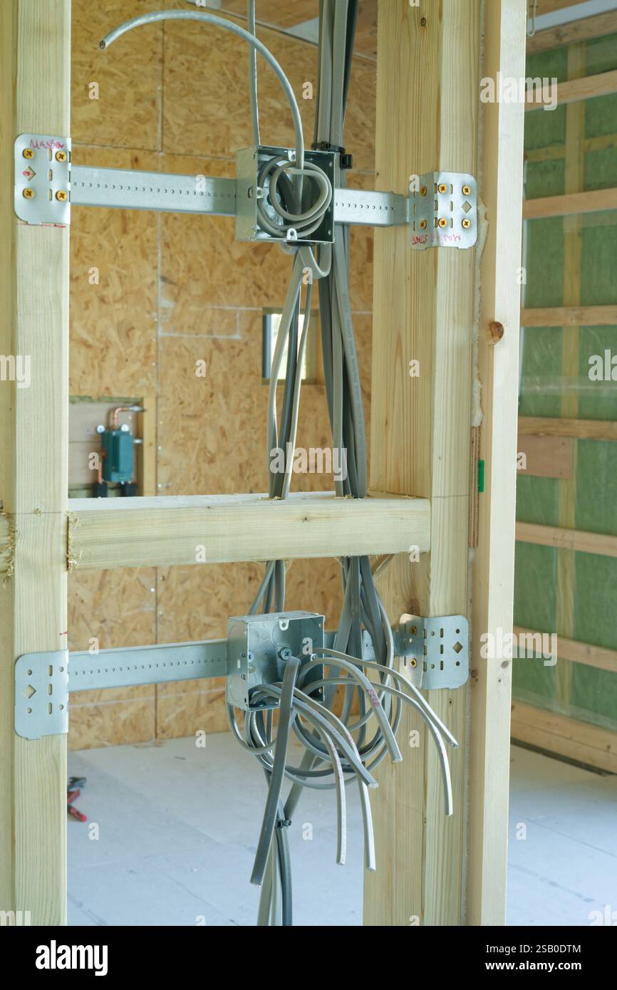The first fix by electricians in wiring a property. New build wire installation to junction ...