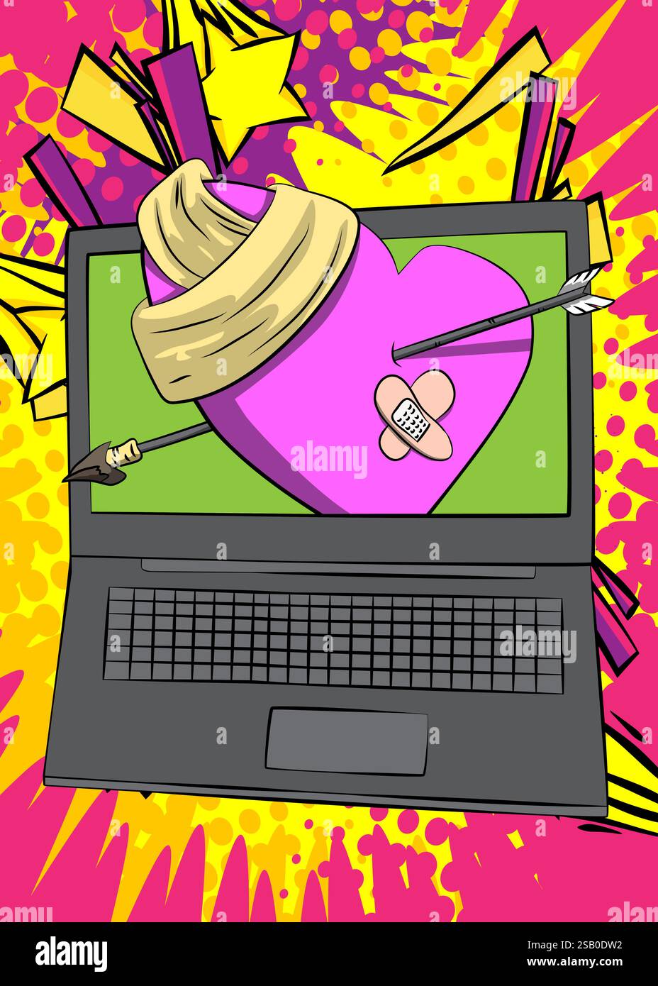 Cartoon Laptop, comic book Notebook with Broken Heart. Retro vector ...