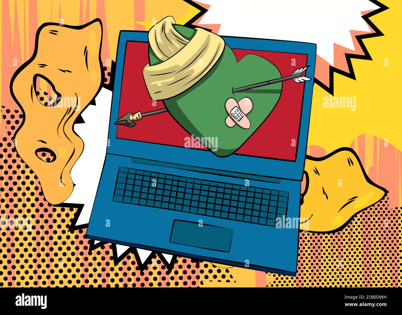 Cartoon Laptop, comic book Notebook with Broken Heart. Retro vector ...