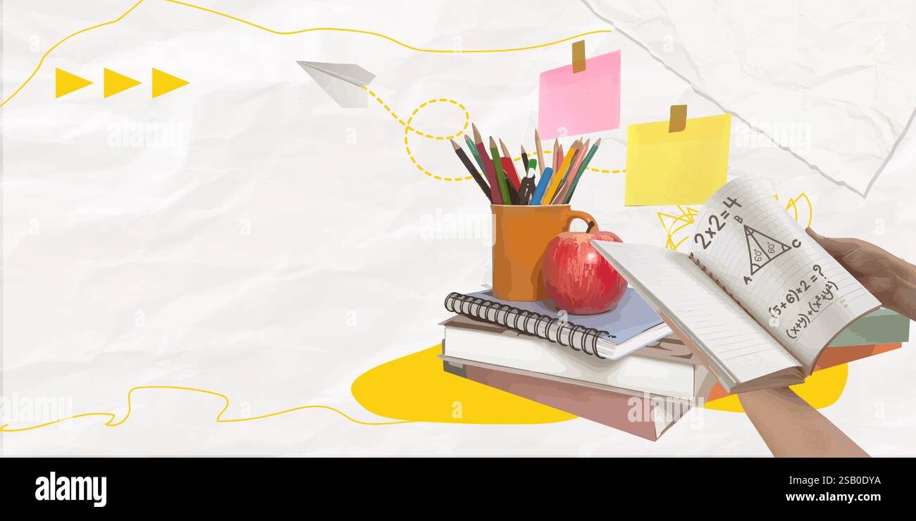 Colorful collage of educational items with an apple, notebooks, and ...