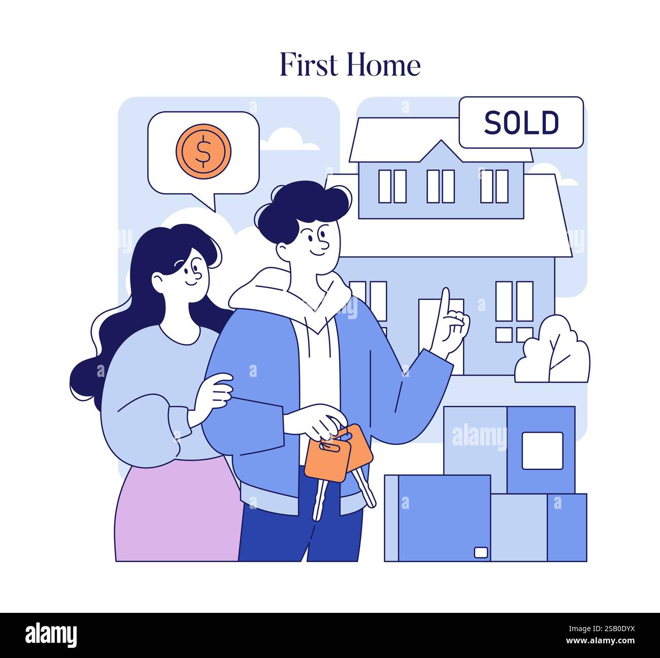 First Home concept. A happy couple stands before their new house with a ...