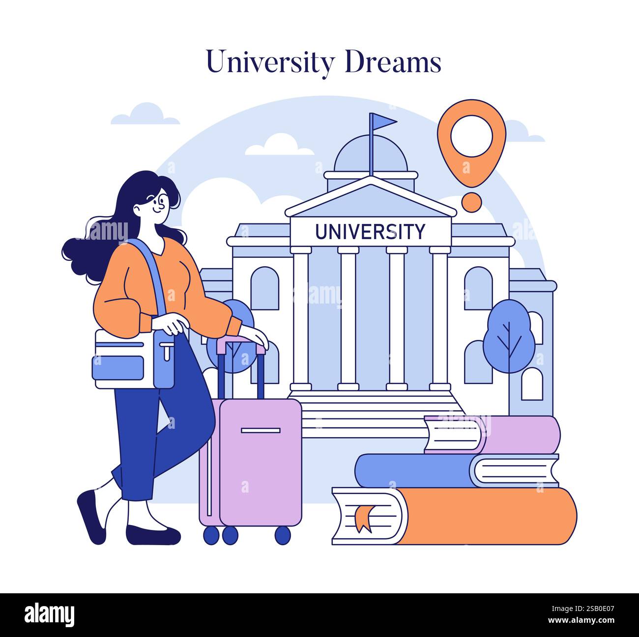 University Dreams concept. An aspiring student with luggage ready to ...