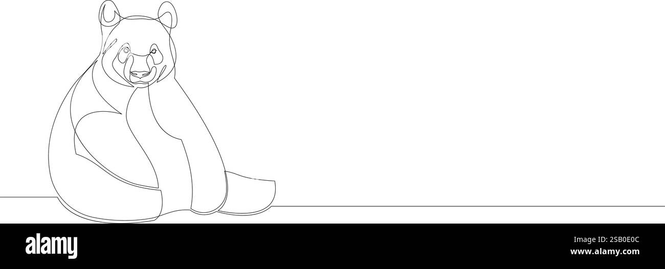 Continuous one line drawing of a giant panda sitting. Horizontal banner ...