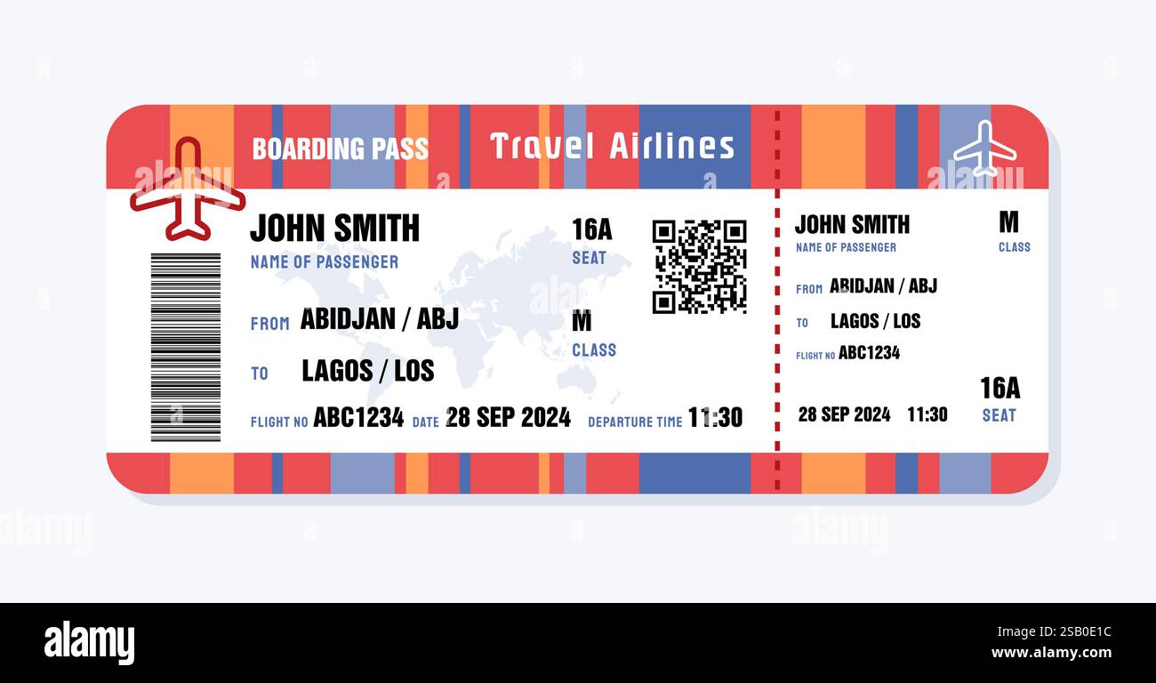 Ticket to Lagos, Nigeria from Abidjan. Boarding pass template with ...