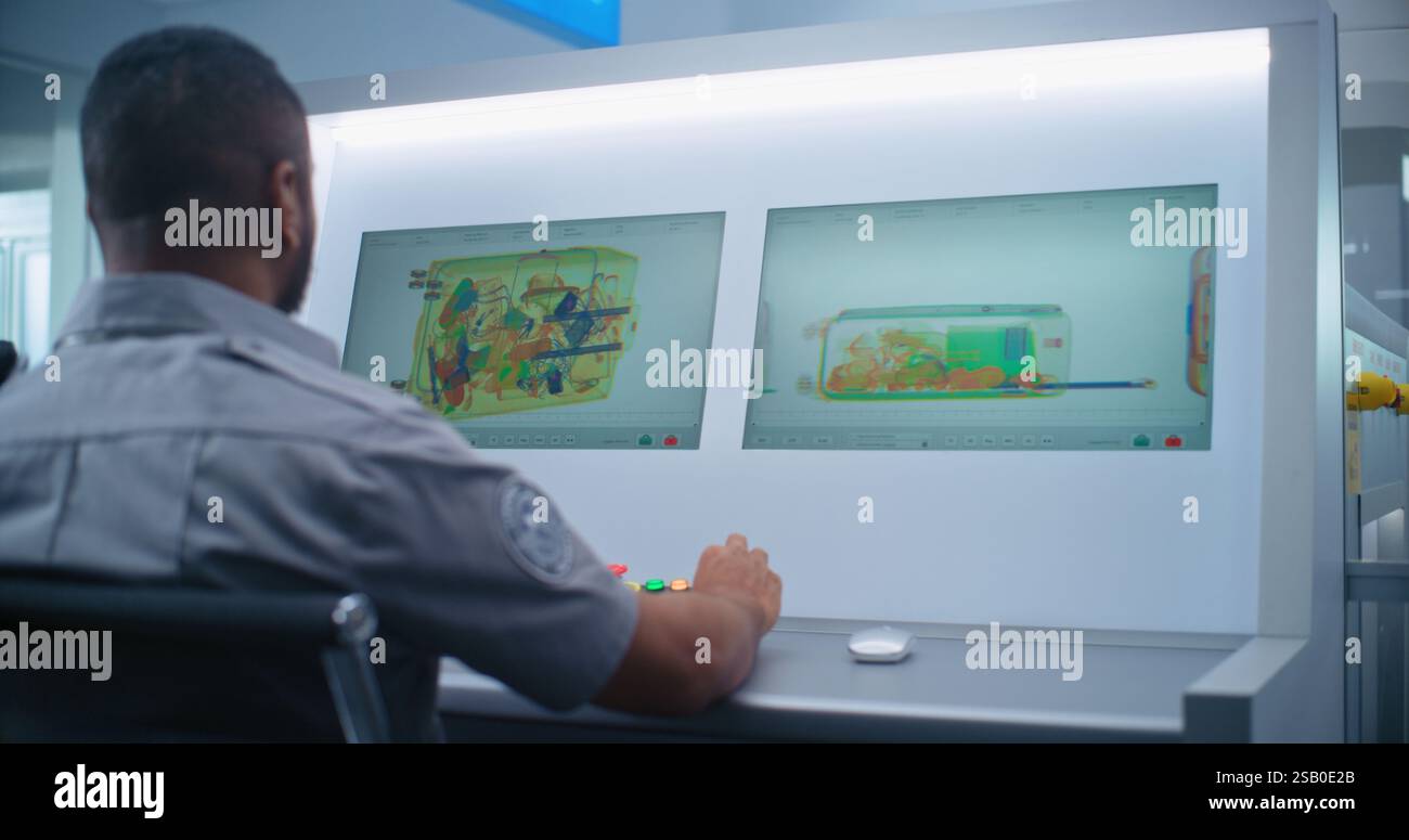 Airport Security Checkpoint: African American Security Officer Monitors ...