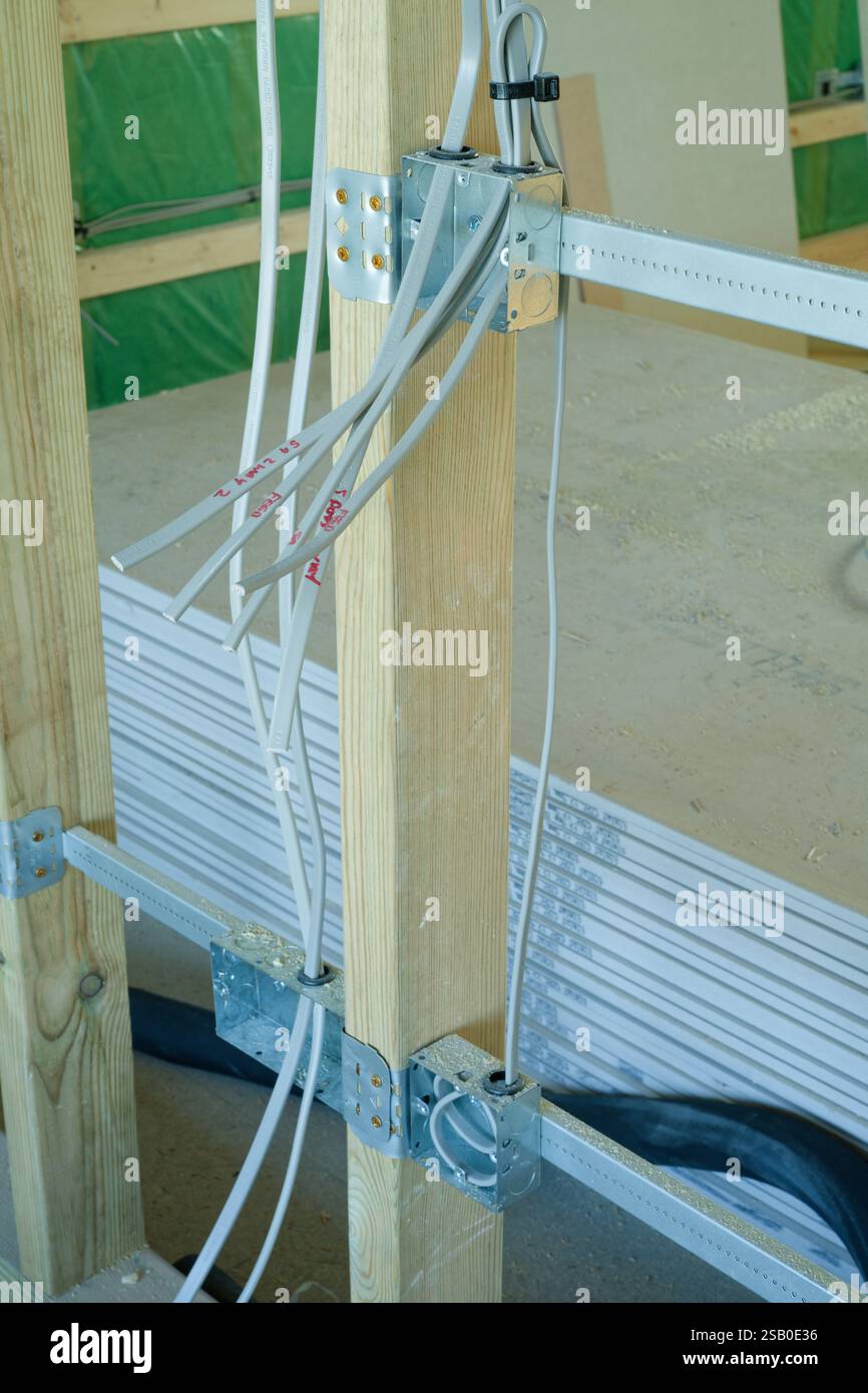 The first fix by electricians in wiring a property. New build wire installation to junction ...