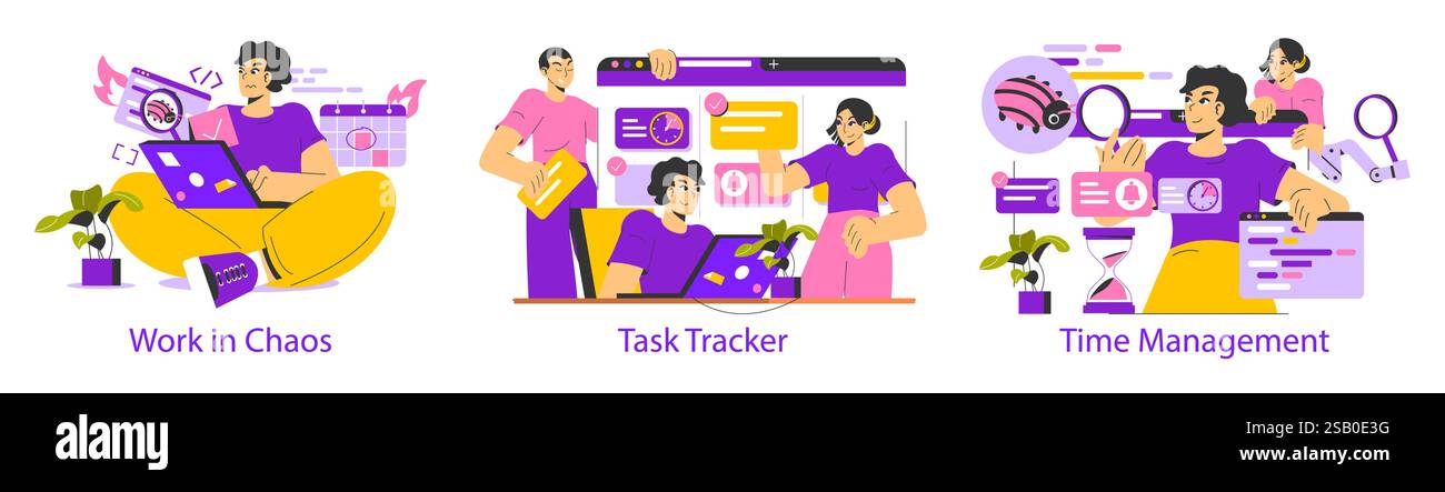 Time management illustration featuring characters managing tasks amid ...