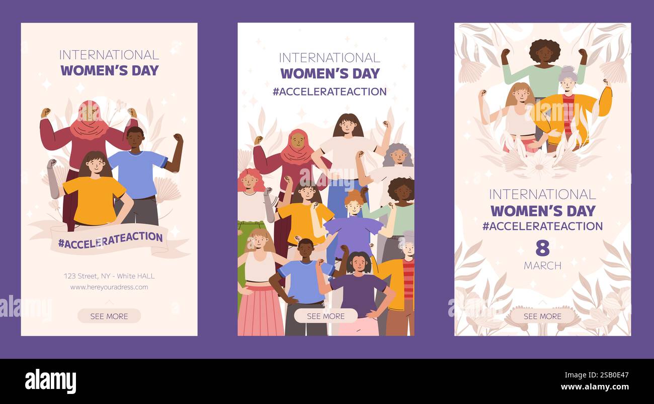 IWD 2025 Illustrated posters for International Women's Day featuring ...