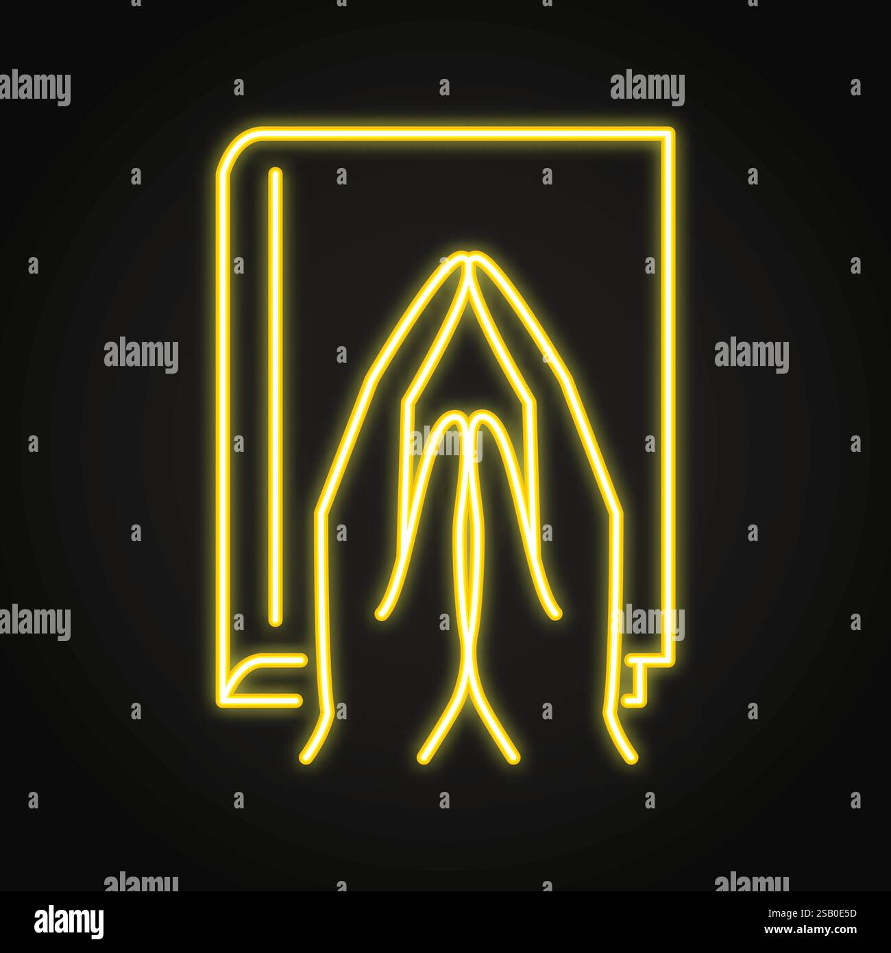 Praying hands over holy book neon icon. Religion, faith in God. Vector ...